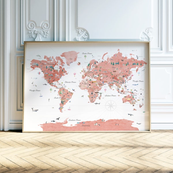 Pink World Map - Etsy