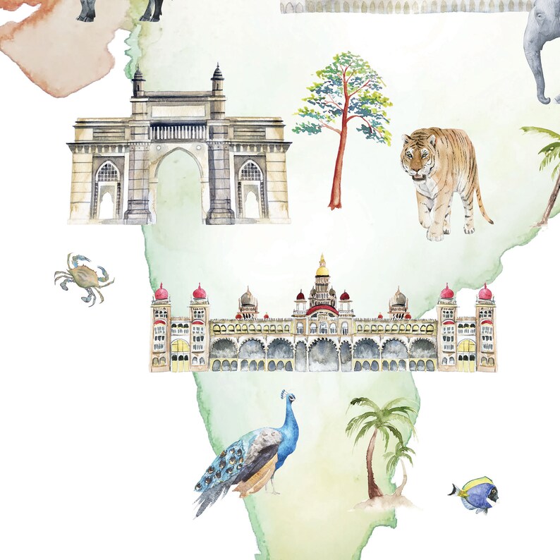 India Map Art Print Illustrated Watercolor Decor Country Map - Etsy