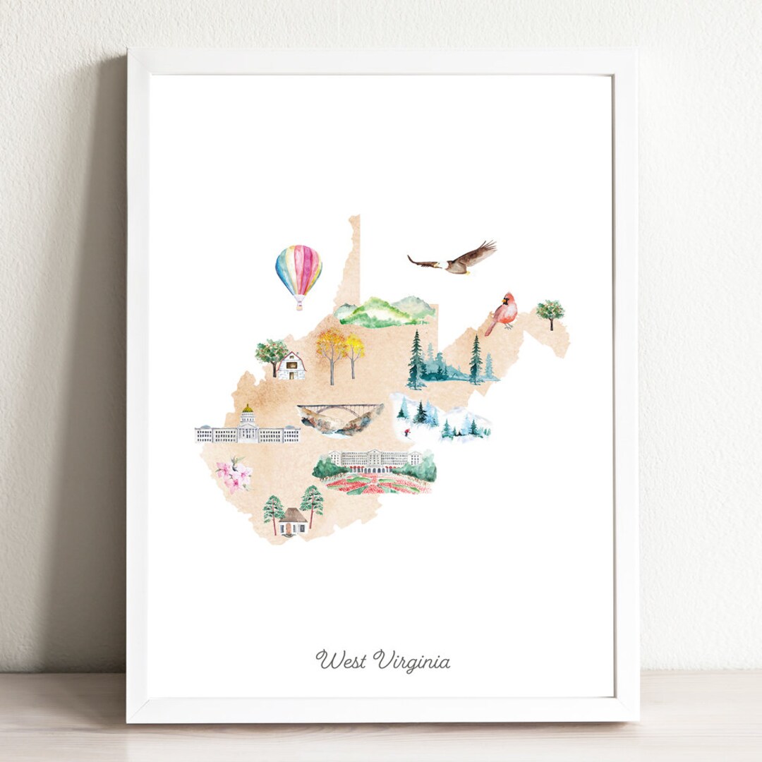 West Virginia Illustrated State Map, Wall Art Print, Nursery Decor ...