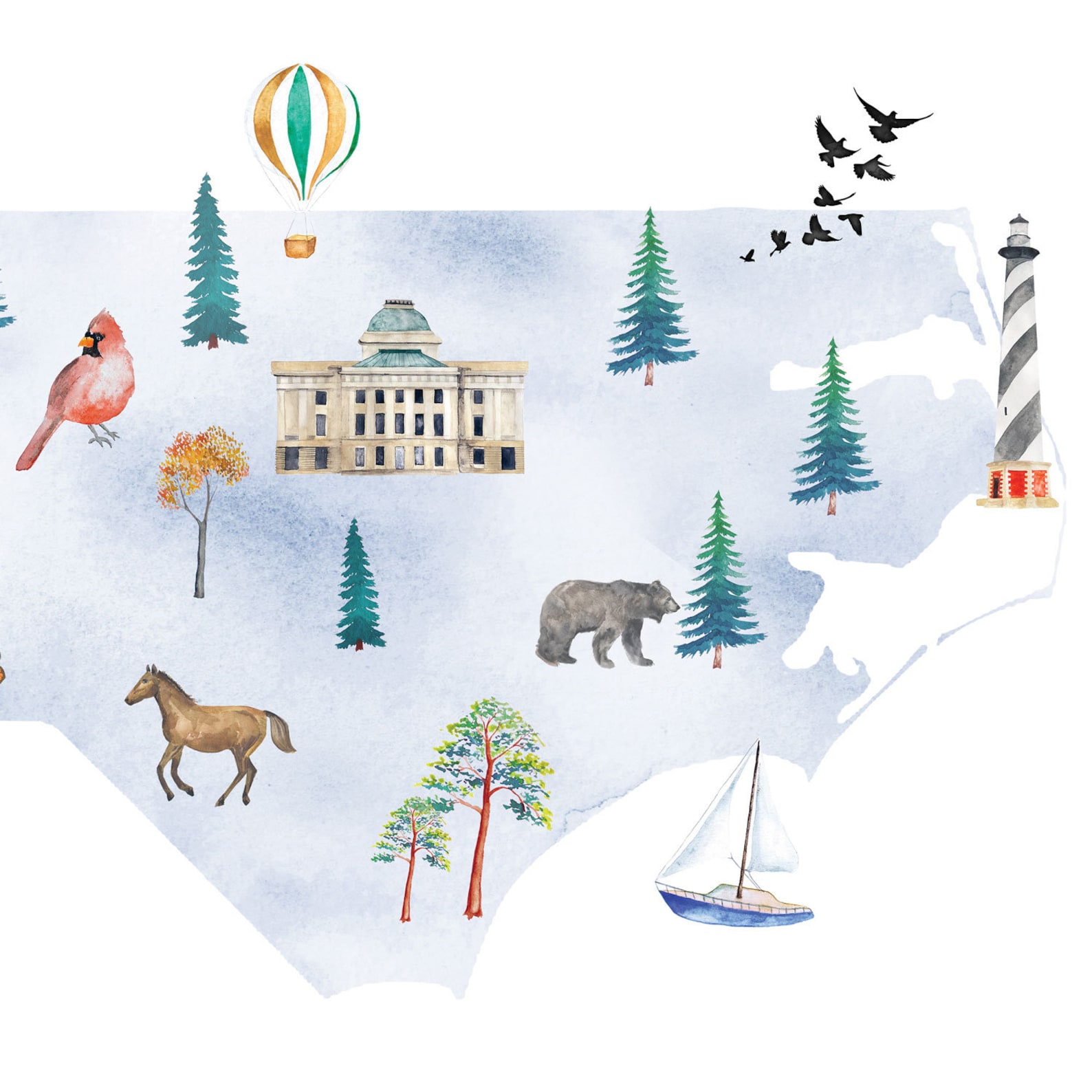 North Carolina Printable State Map, Illustrated Wall Art Print, Nursery ...