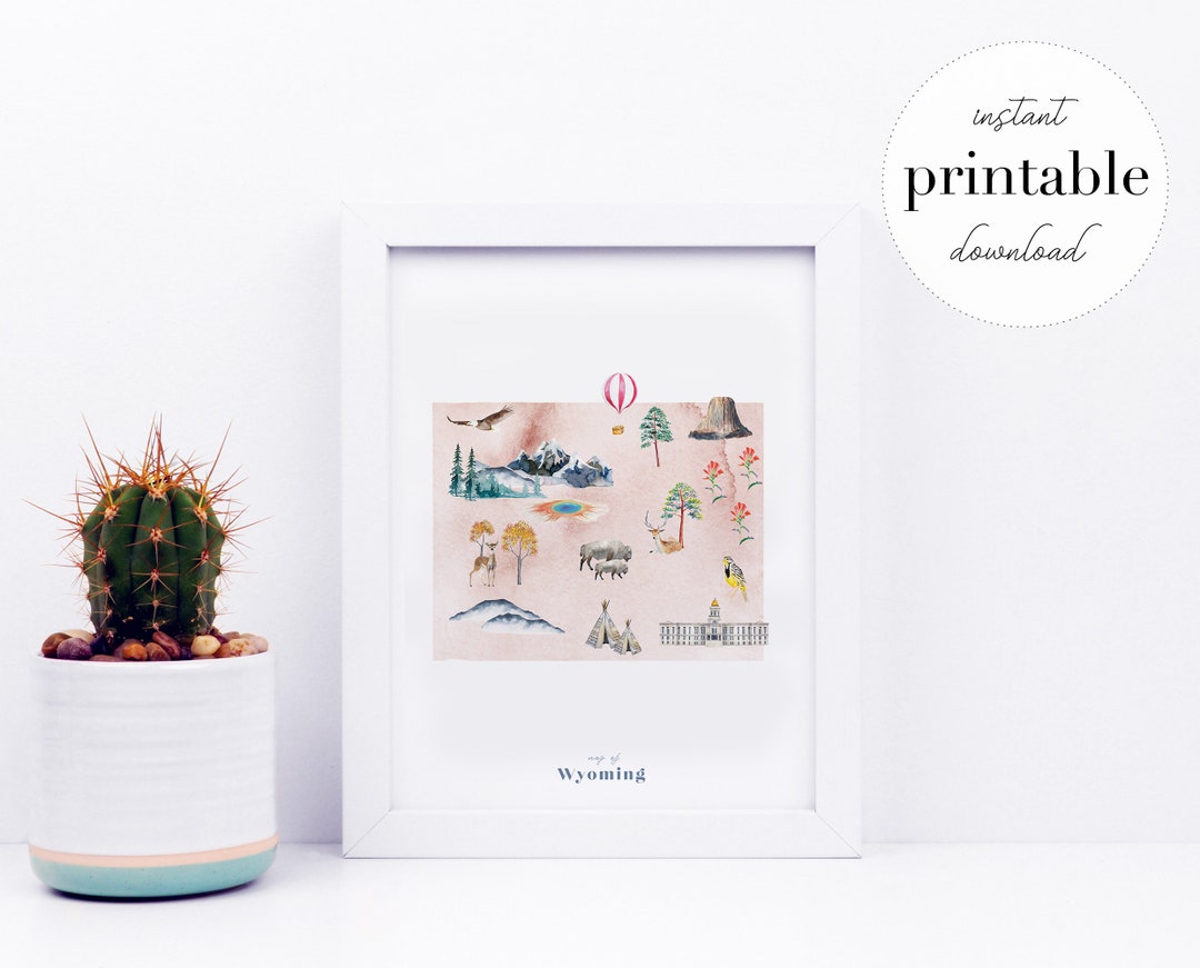 Wyoming Printable State Map, Illustrated Wall Art Print, Nursery Decor ...