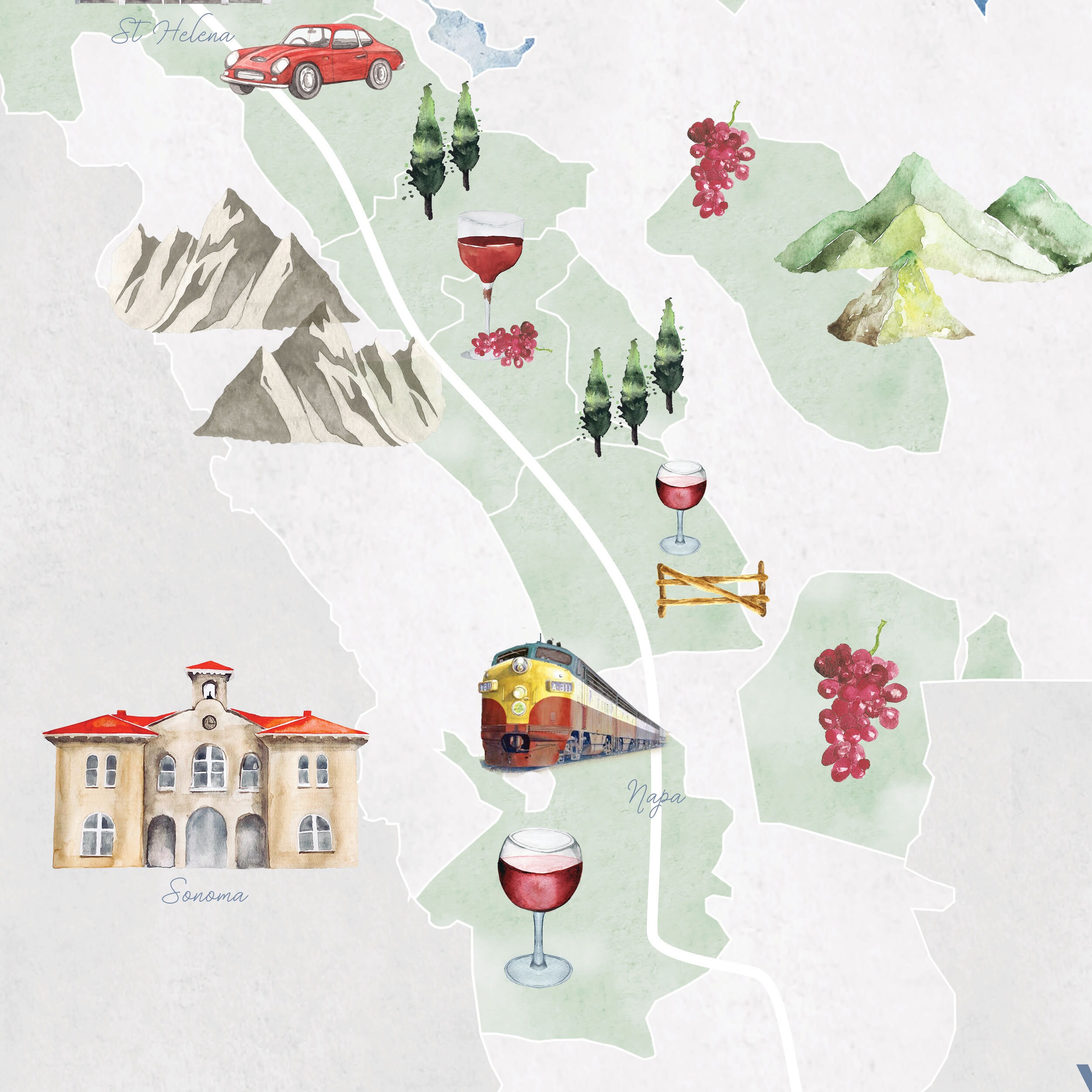 Napa Valley Wine Region Illustrated Map Printable Wall Art | Etsy