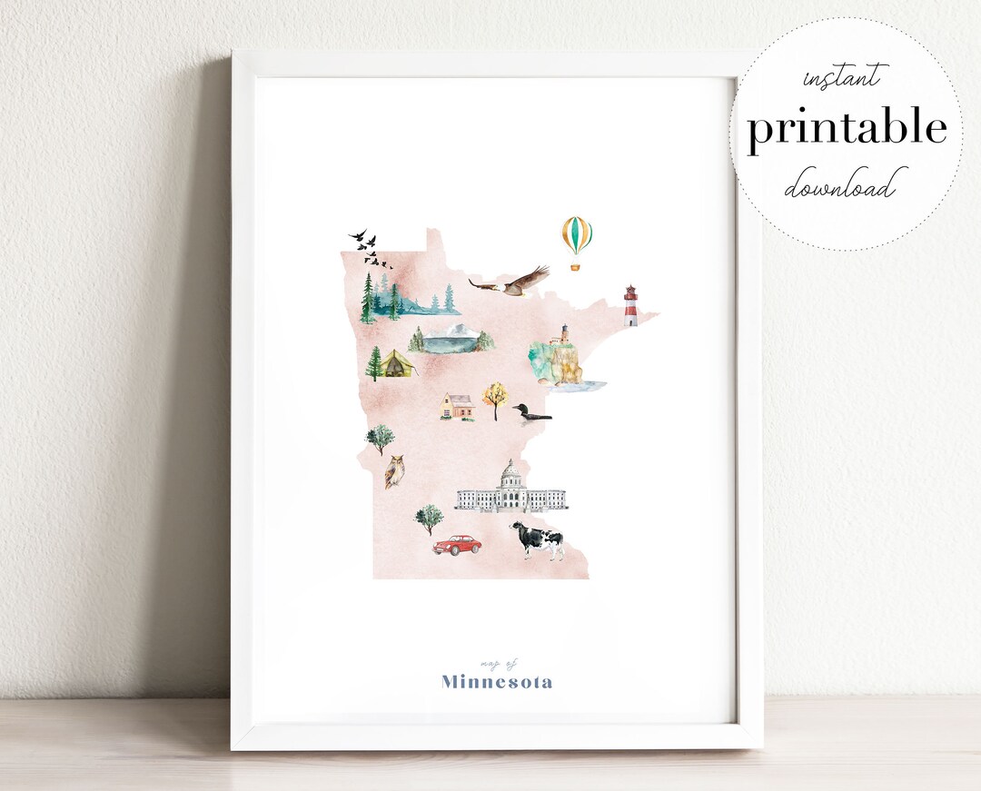 Minnesota Printable State Map, Illustrated Wall Art Print, Nursery ...