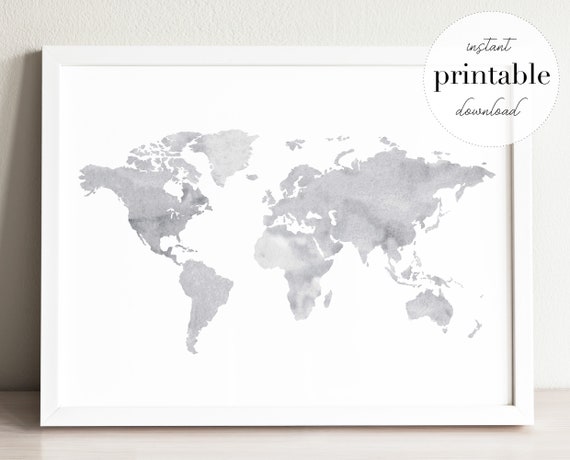 Grey World Map Printable Illustration Wall Art Print | Etsy