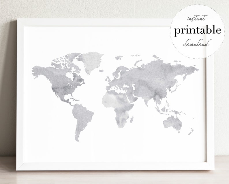 Grey World Map Printable Illustration Wall Art Print - Etsy