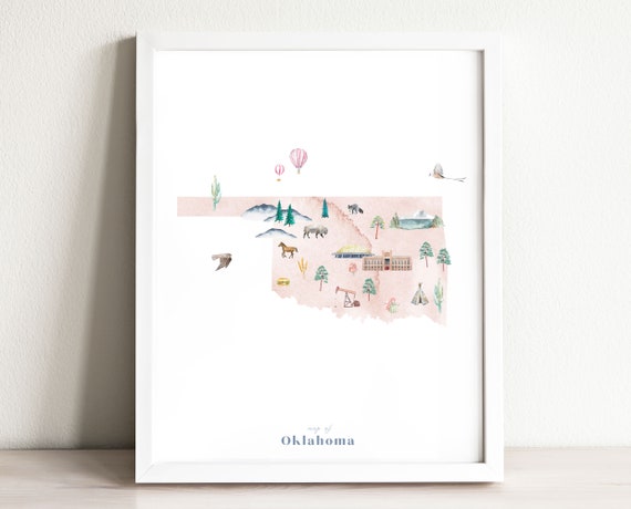 Oklahoma Illustrated State Map wall art print nursery decor | Etsy