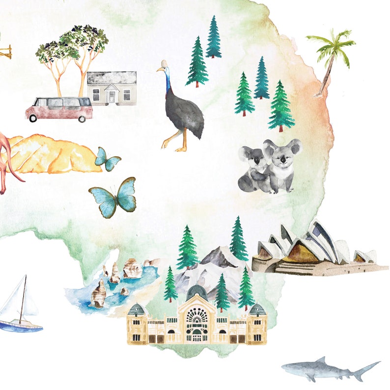 Australia Illustrated Map Printable Wall Art Print Nursery - Etsy