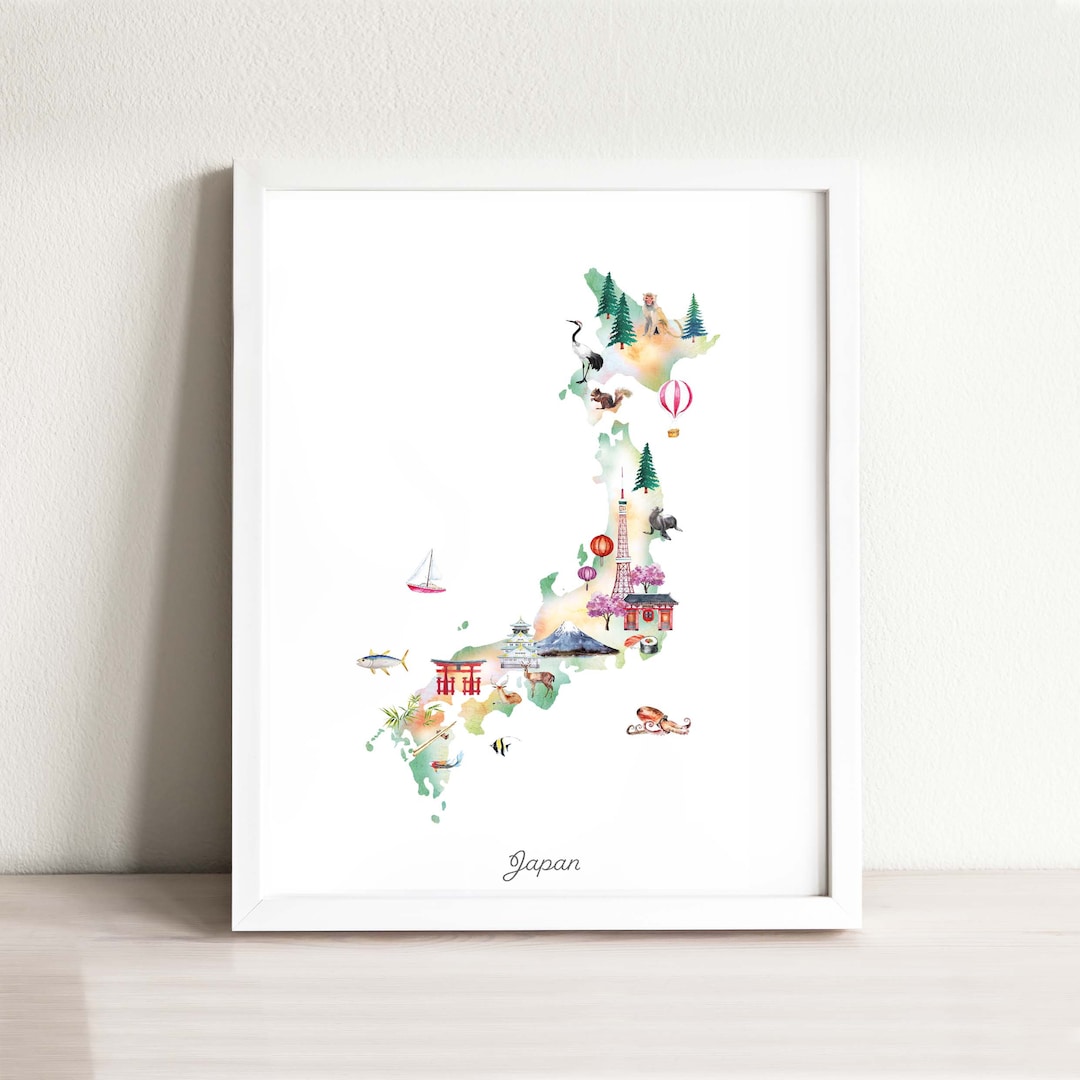 Japan Map Art Print Illustrated, Wall Decor, Nursery Decor, World Map ...
