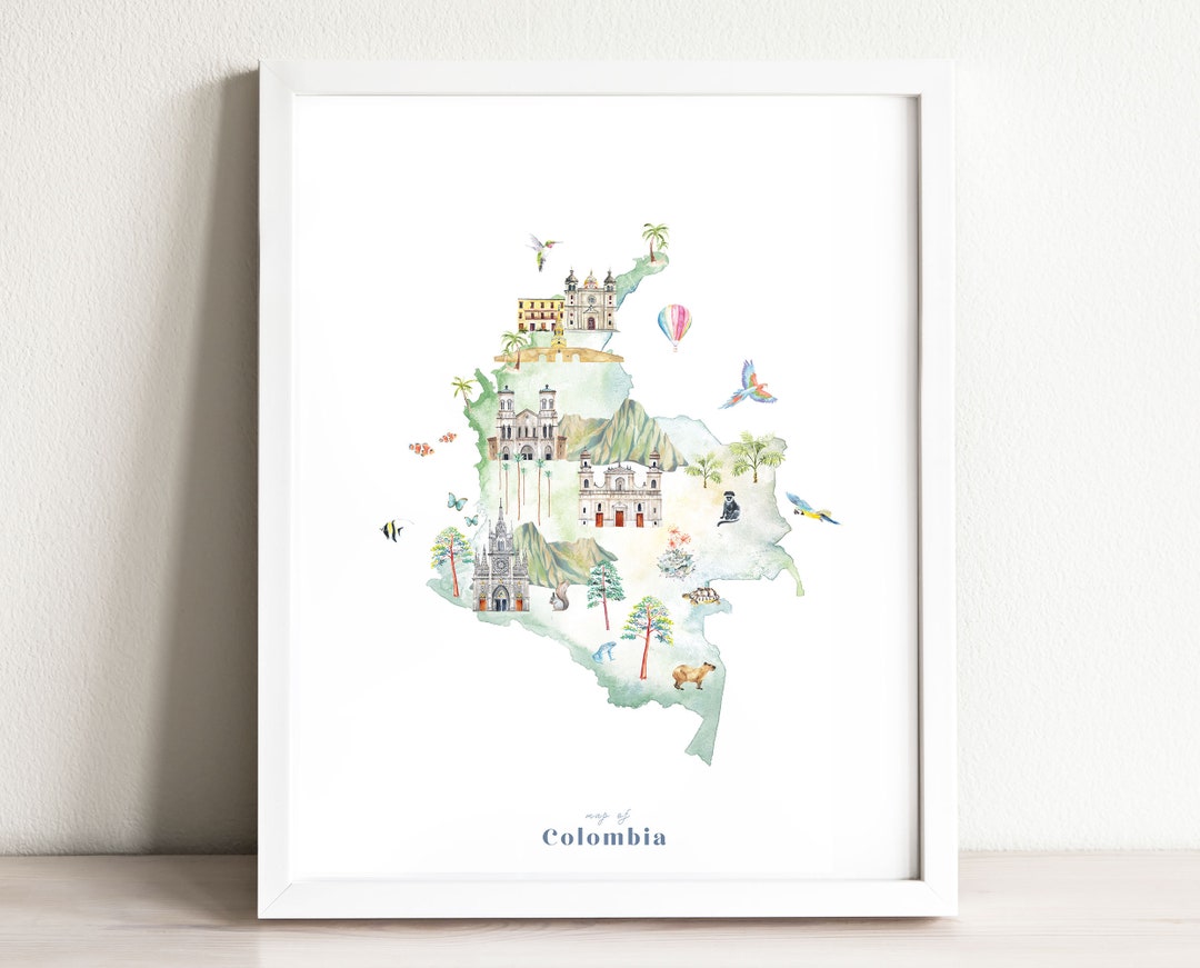 Colombia Map Art Print Illustrated Watercolor Decor Country - Etsy