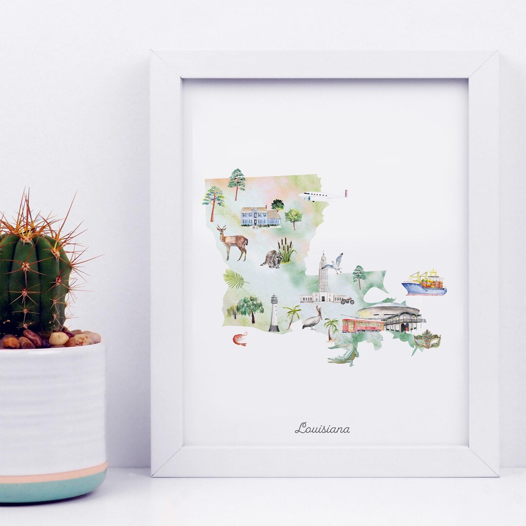 Louisiana State Map Print: Watercolor Illustrated Art (digital Download ...