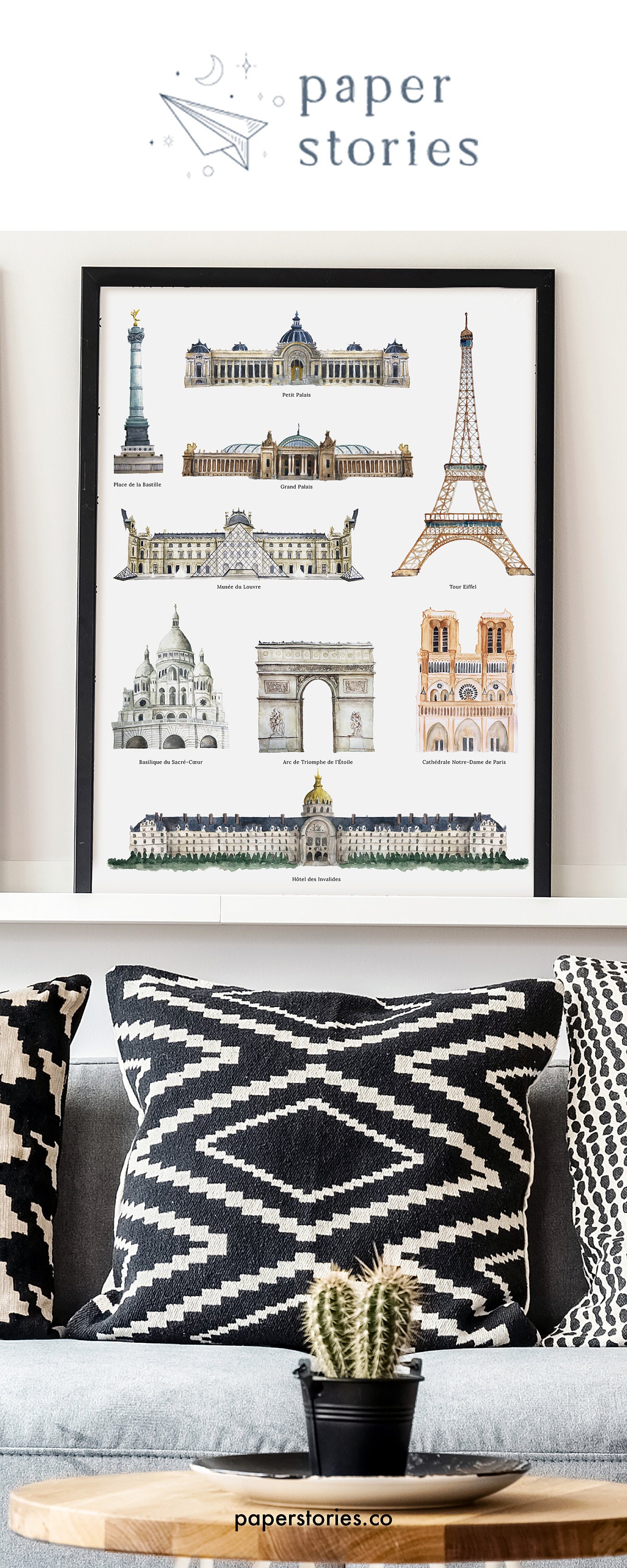 Paris Illustrated Landmarks Art Print Watercolor Paris | Etsy
