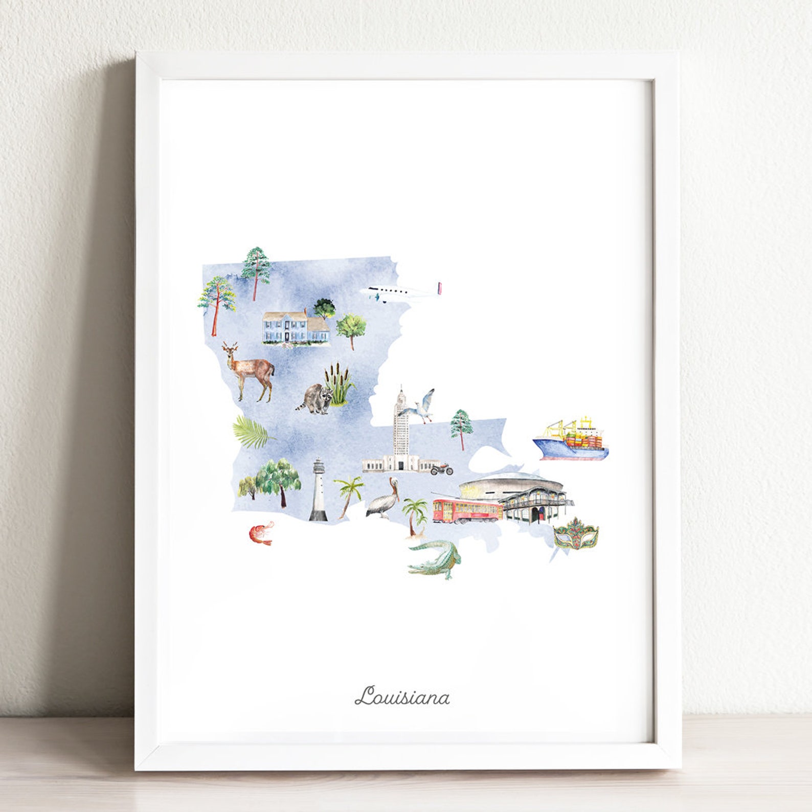 Louisiana Illustrated State Map, New Orleans, Wall Art Print, Nursery ...