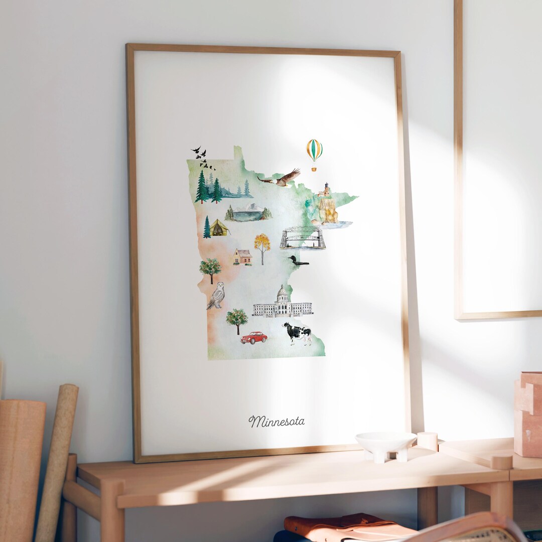 Minnesota Illustrated State Map, Wall Art Print, Nursery Decor, Nursery ...