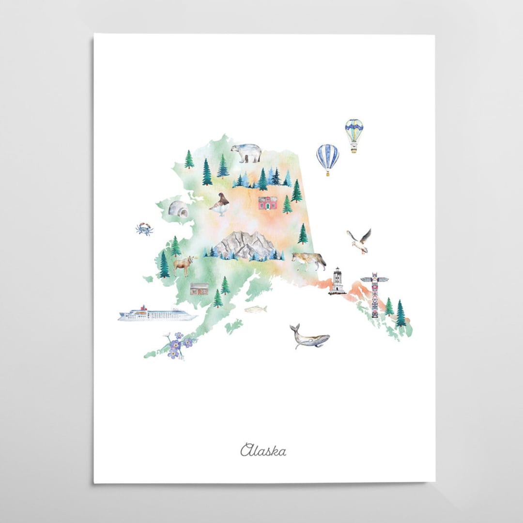 Alaska Illustrated State Map, Wall Art Print, Nursery Decor, Nursery ...