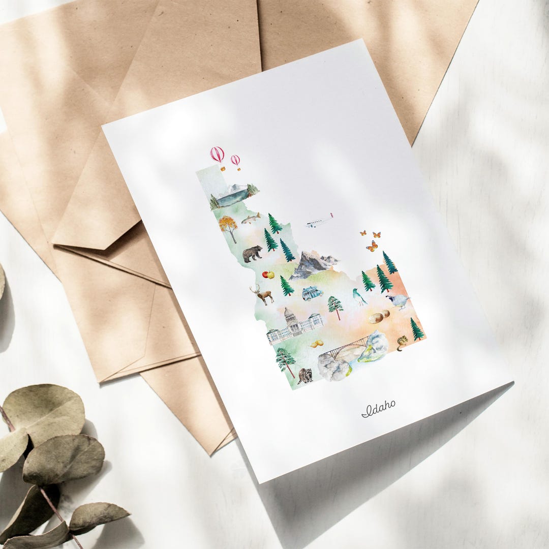 Idaho State Map Print: Watercolor Animal Illustration (digital Download ...