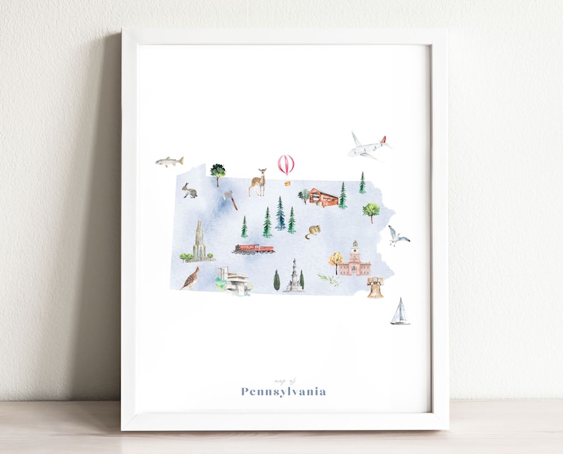 Pennsylvania Illustrated Watercolor State Map Art Print Map | Etsy