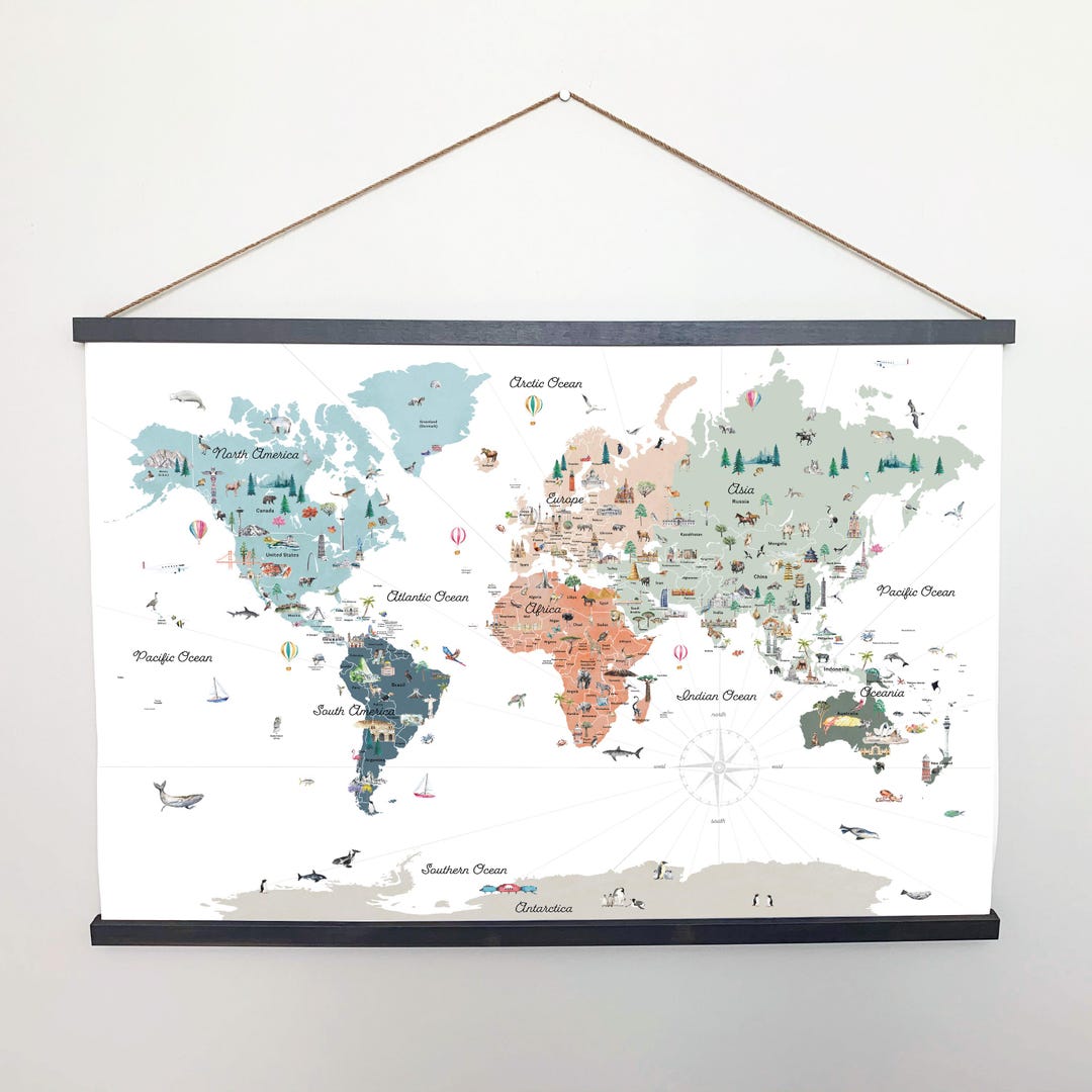 Educational World Map Hanging Canvas With Countries, Borders, and ...