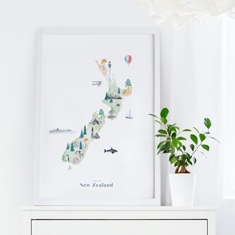 New Zealand Illustrated Map Art Print Watercolor Nursery - Etsy