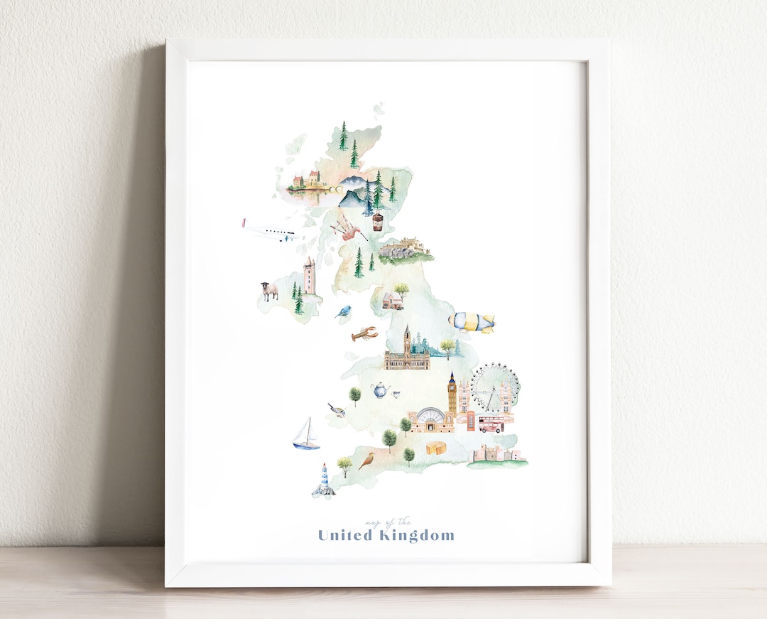 United Kingdom Illustrated Map Art Print Watercolor Nursery - Etsy