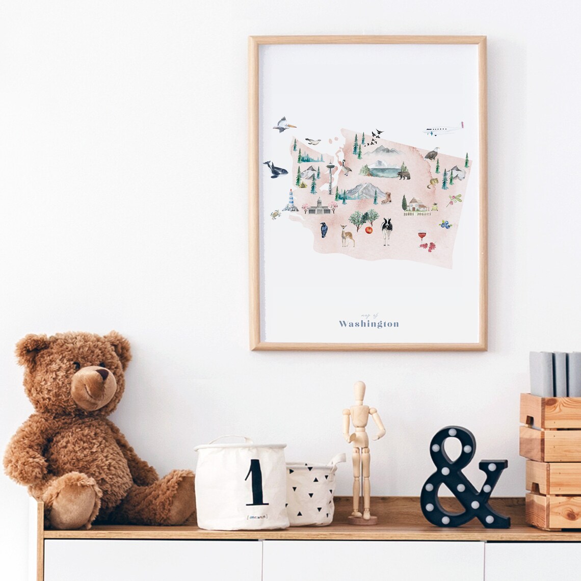 Washington Printable State Map illustrated wall art print | Etsy