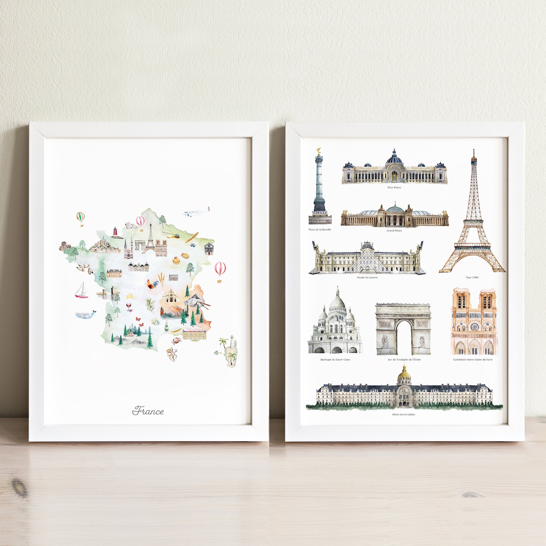 France Map & France Landmarks Art Print Set, Watercolor Nursery Decor ...
