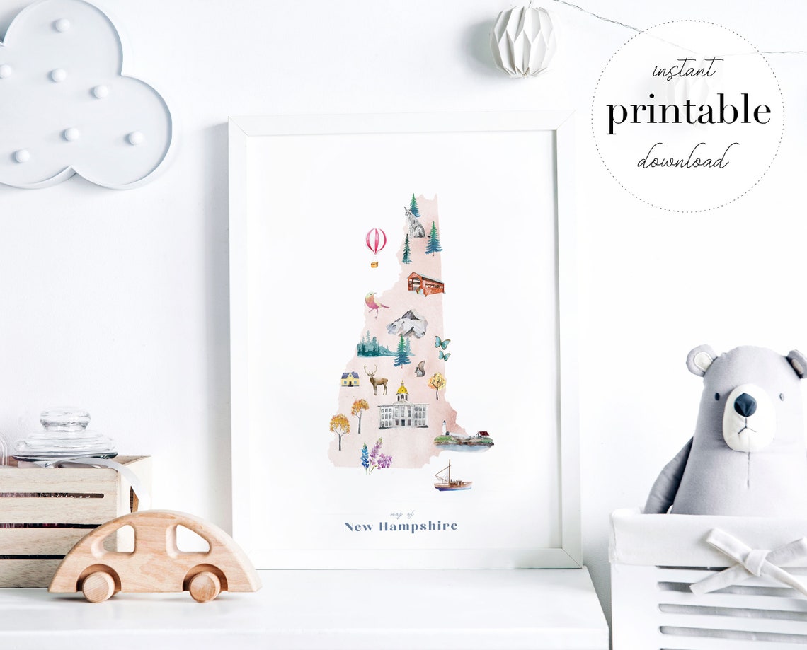 New Hampshire Printable State Map Illustrated Wall Art Print - Etsy