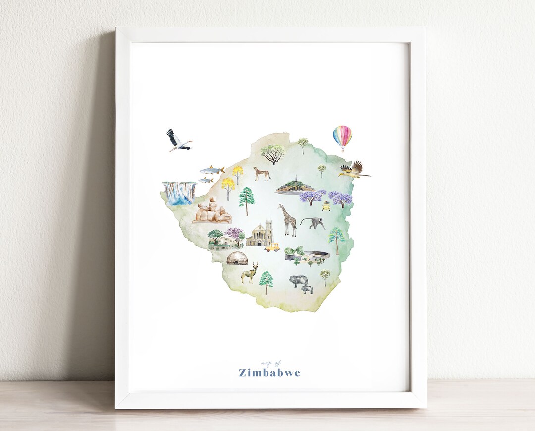 Zimbabwe Map Art Print Illustrated Nursery Decor Country Map - Etsy