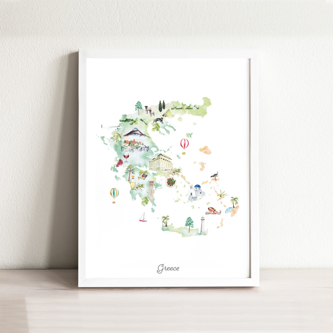 Greece Map Art Print Illustrated, Watercolor Nursery Decor, Honeymoon ...