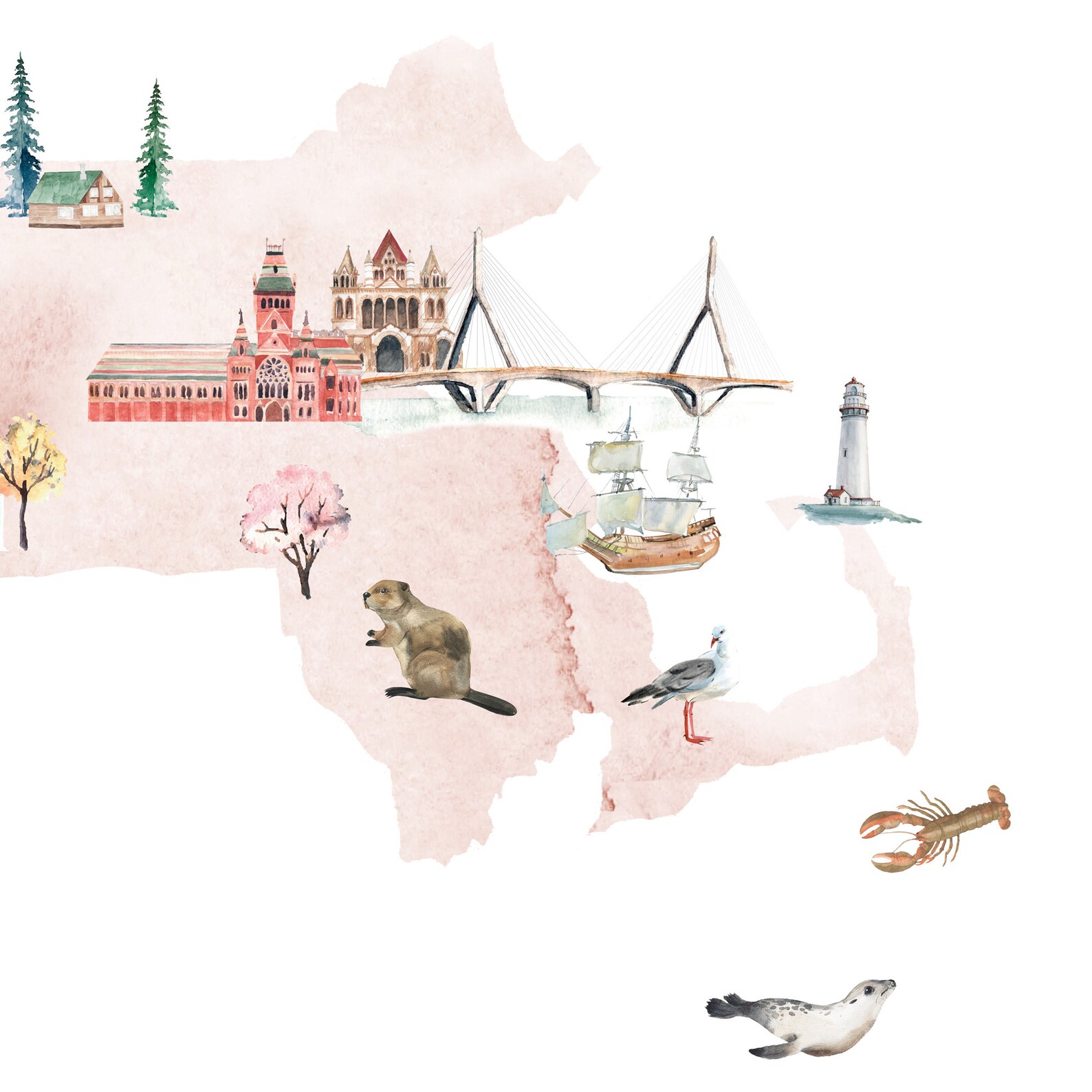 Massachusetts Printable State Map Illustrated Wall Art Print - Etsy