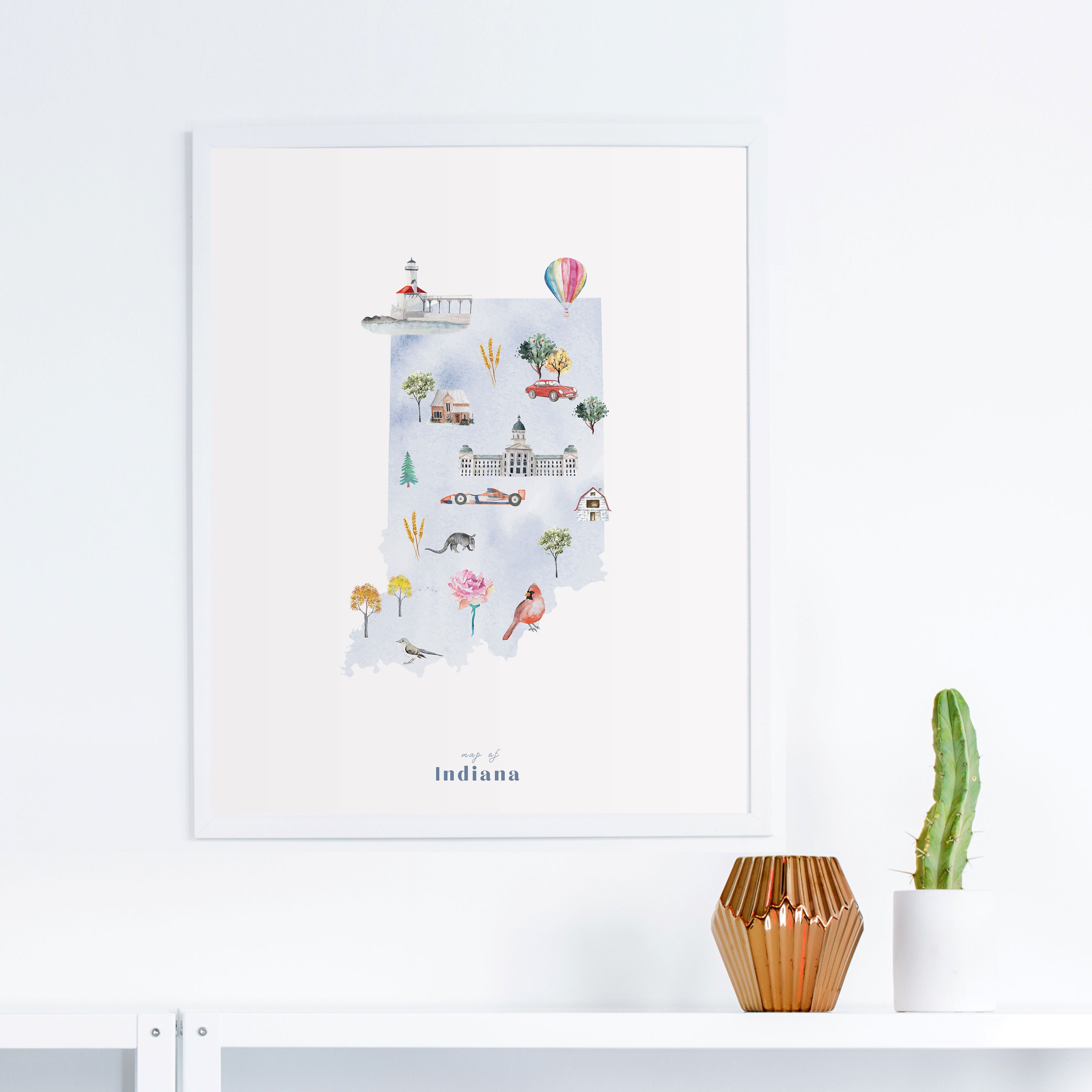 Indiana Printable State Map illustrated wall art print | Etsy