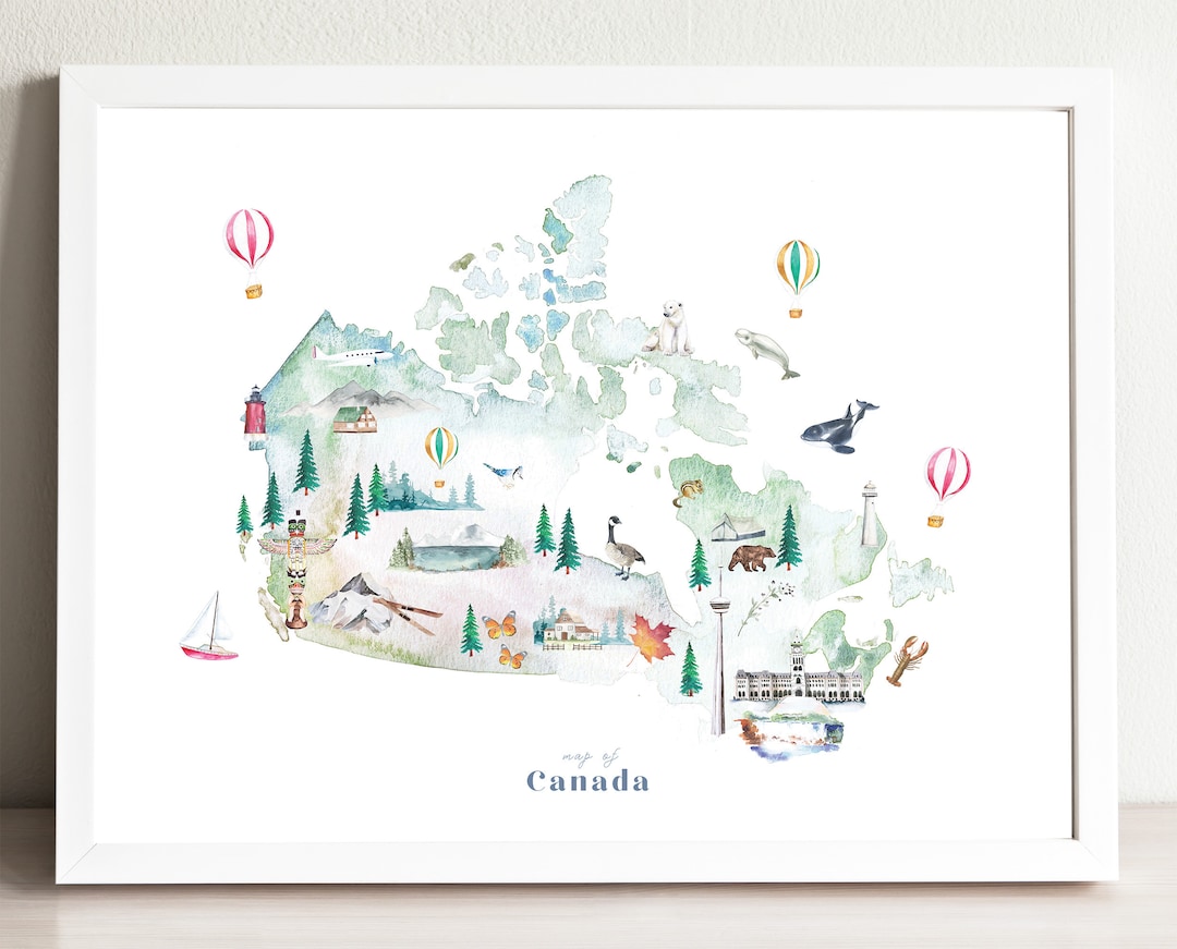 Canada Map Illustrated Art Print Watercolor Wall Decor - Etsy