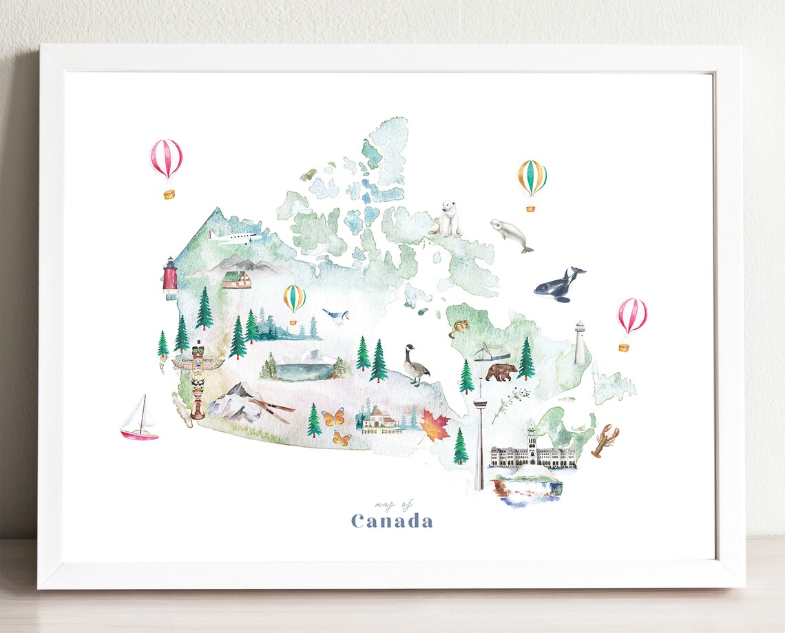 Canada Map Illustrated Art Print watercolor wall decor | Etsy