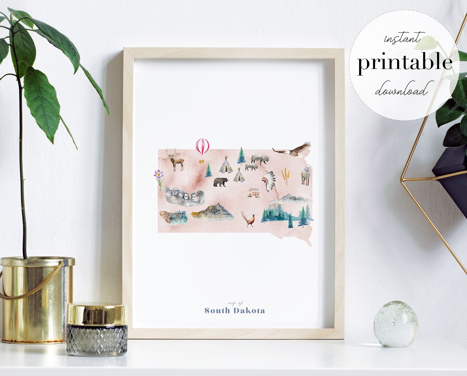 South Dakota Printable State Map Illustrated Wall Art Print - Etsy