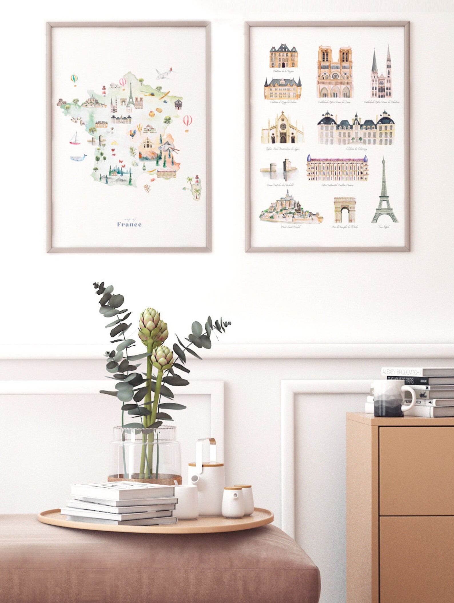 France Map & France Landmarks Art Print Set Watercolor | Etsy