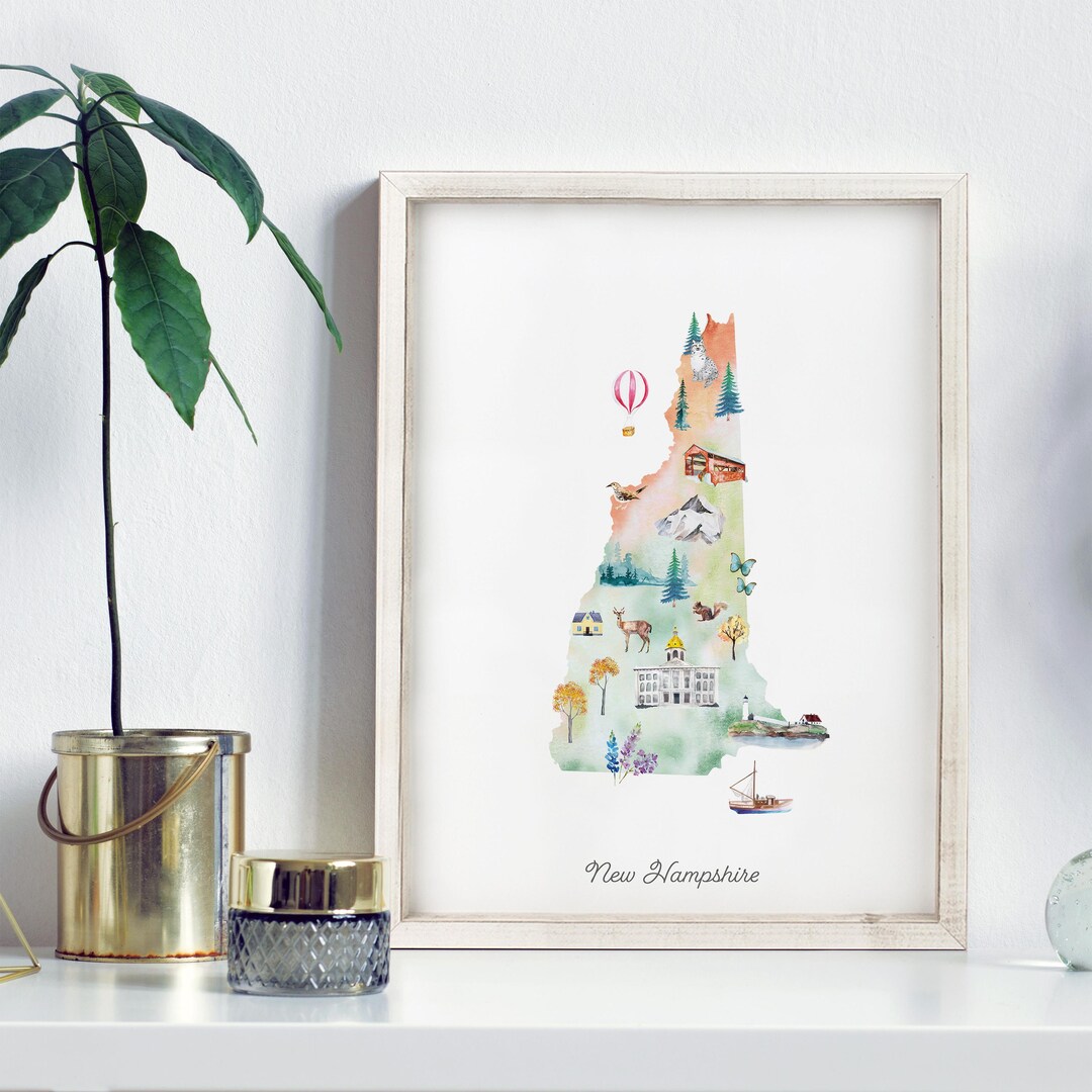 New Hampshire Illustrated State Map, Wall Art Print, Nursery Decor ...