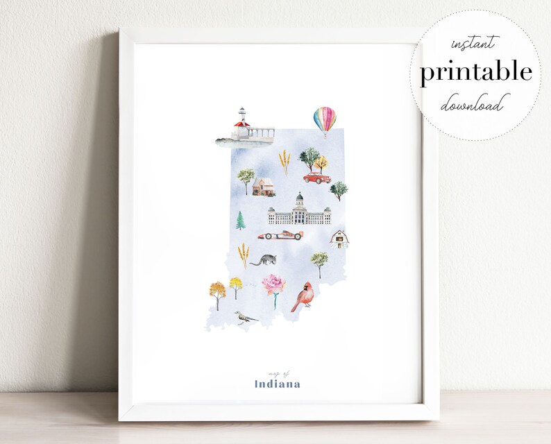 Indiana Printable State Map Illustrated Wall Art Print - Etsy