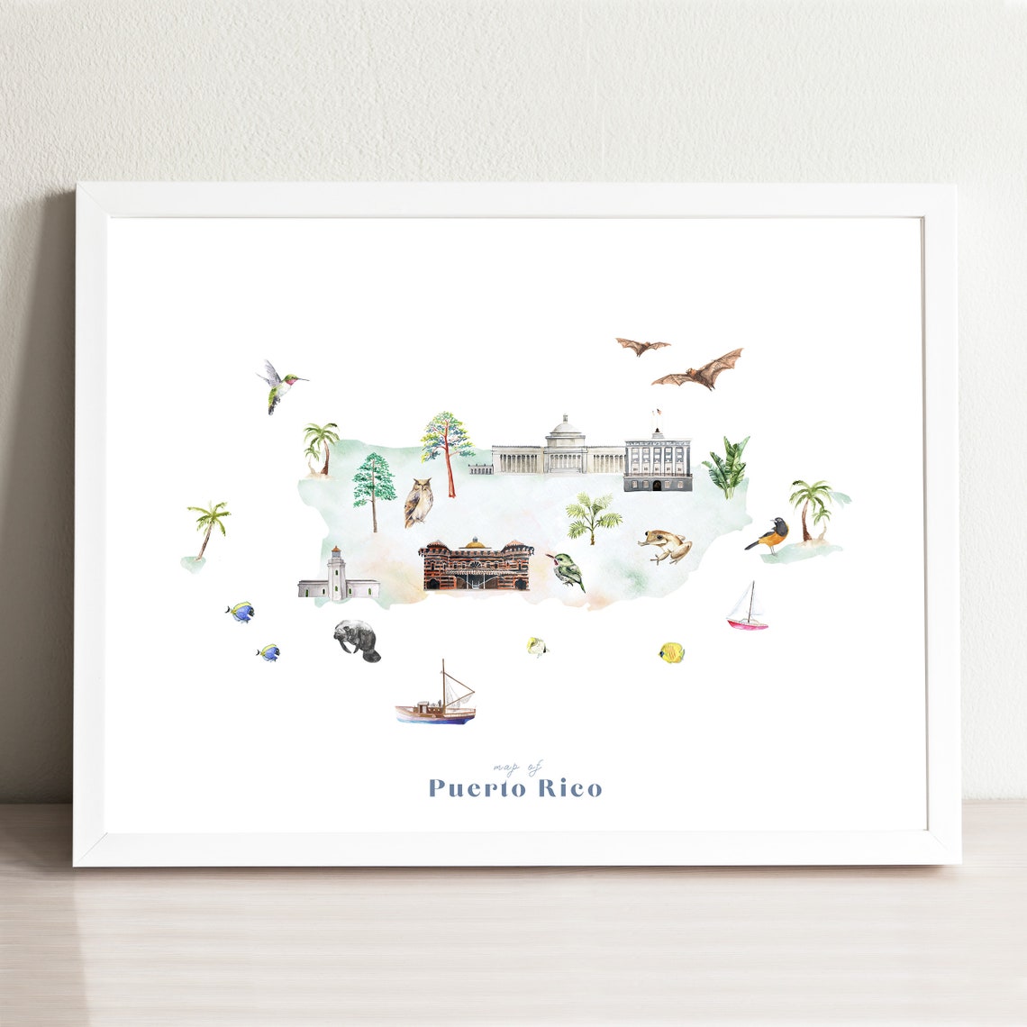 Puerto Rico Map Printable Illustrated Map Nursery Art - Etsy