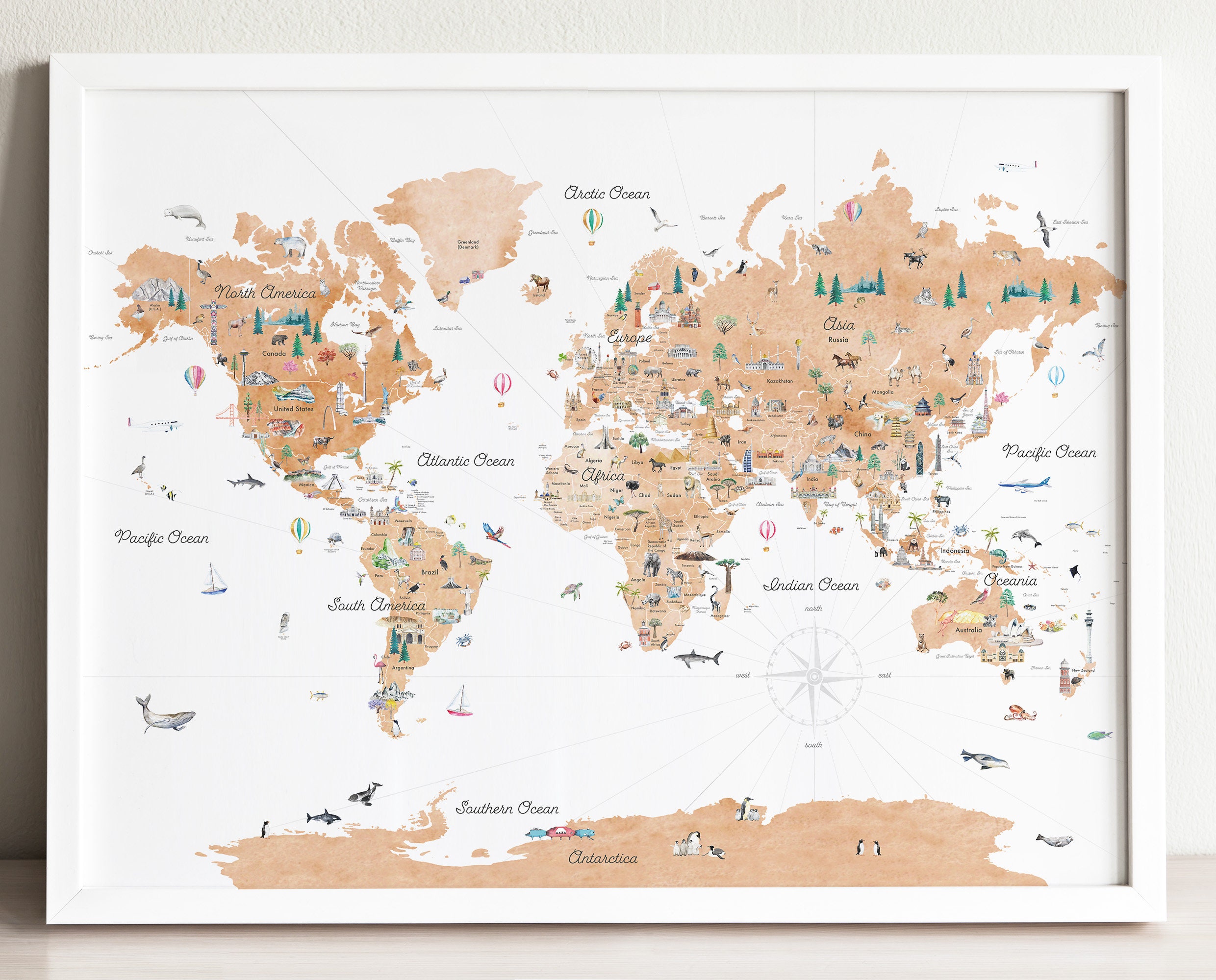 Tan Educational World Map World Map Kids Wall Art - Etsy Canada