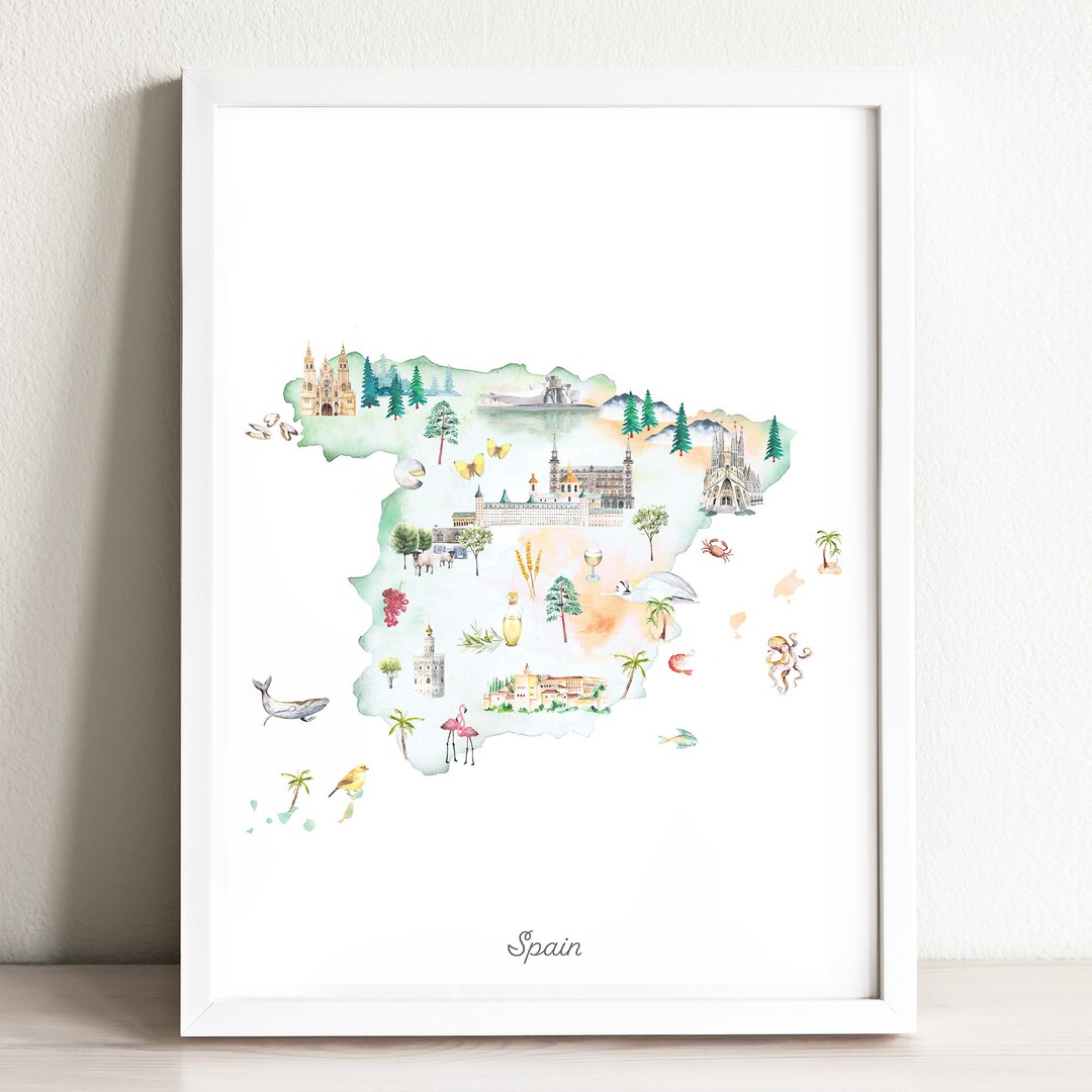 Spain Illustrated Map Art Print Watercolor Nursery Decor - Etsy