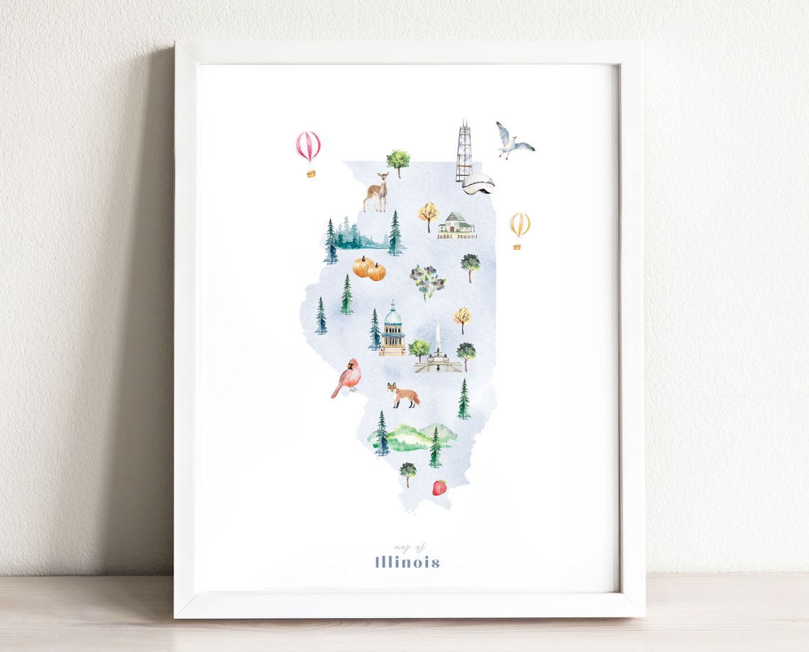 Illinois Illustrated State Map Wall Art Print Nursery Decor - Etsy