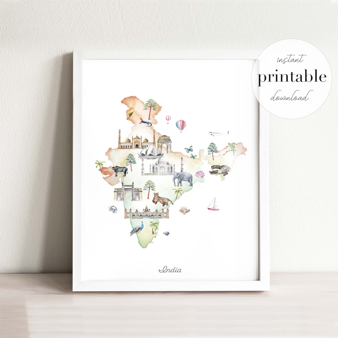 India Illustrated Map Printable, Wall Art Print, Nursery Decor ...