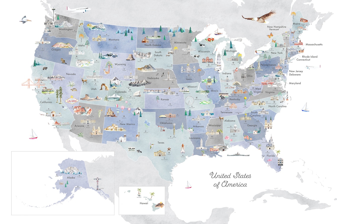 Cool Tones Educational United States Illustrated Map Art Print | Etsy