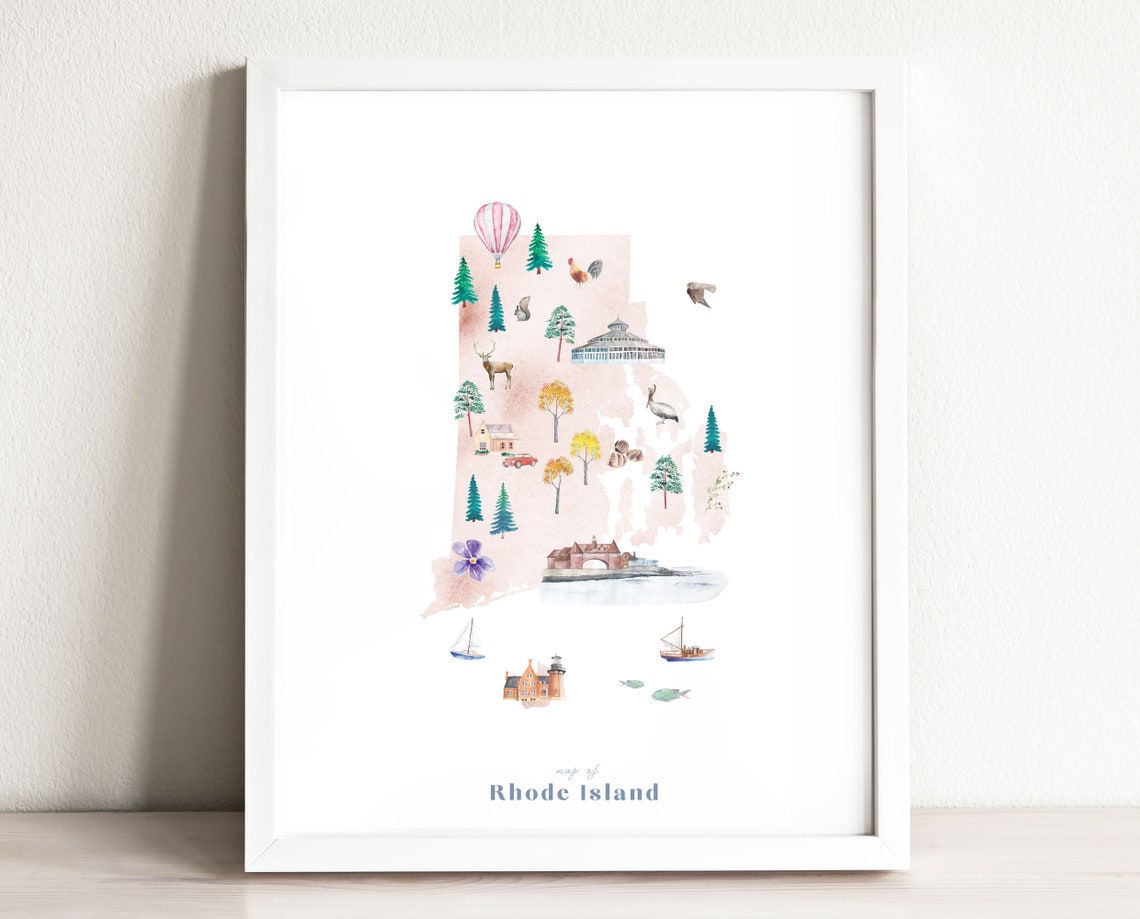 Rhode Island Illustrated State Map Wall Art Print Nursery | Etsy