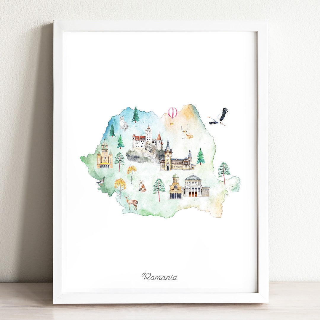 Romania Illustrated Map Art Print Watercolor Nursery Decor - Etsy
