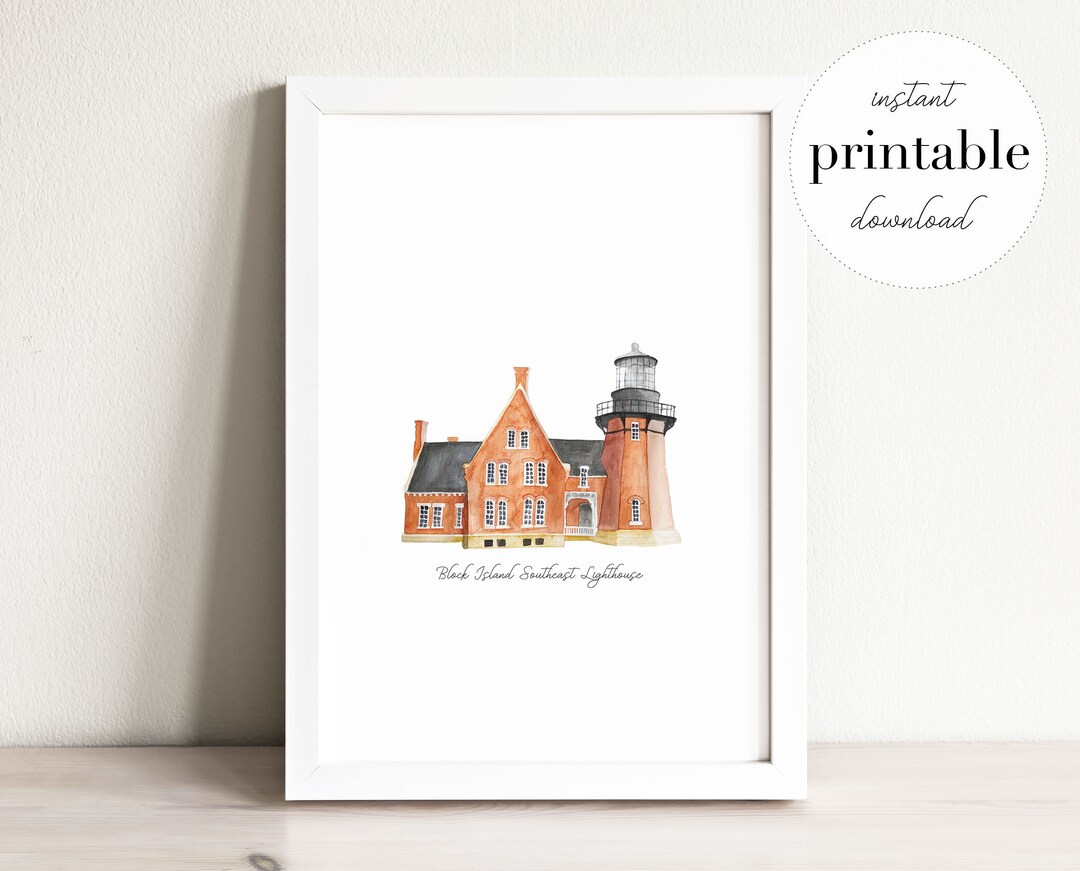 Block Island South East Lighthouse Printable, Illustration, Wall Art ...