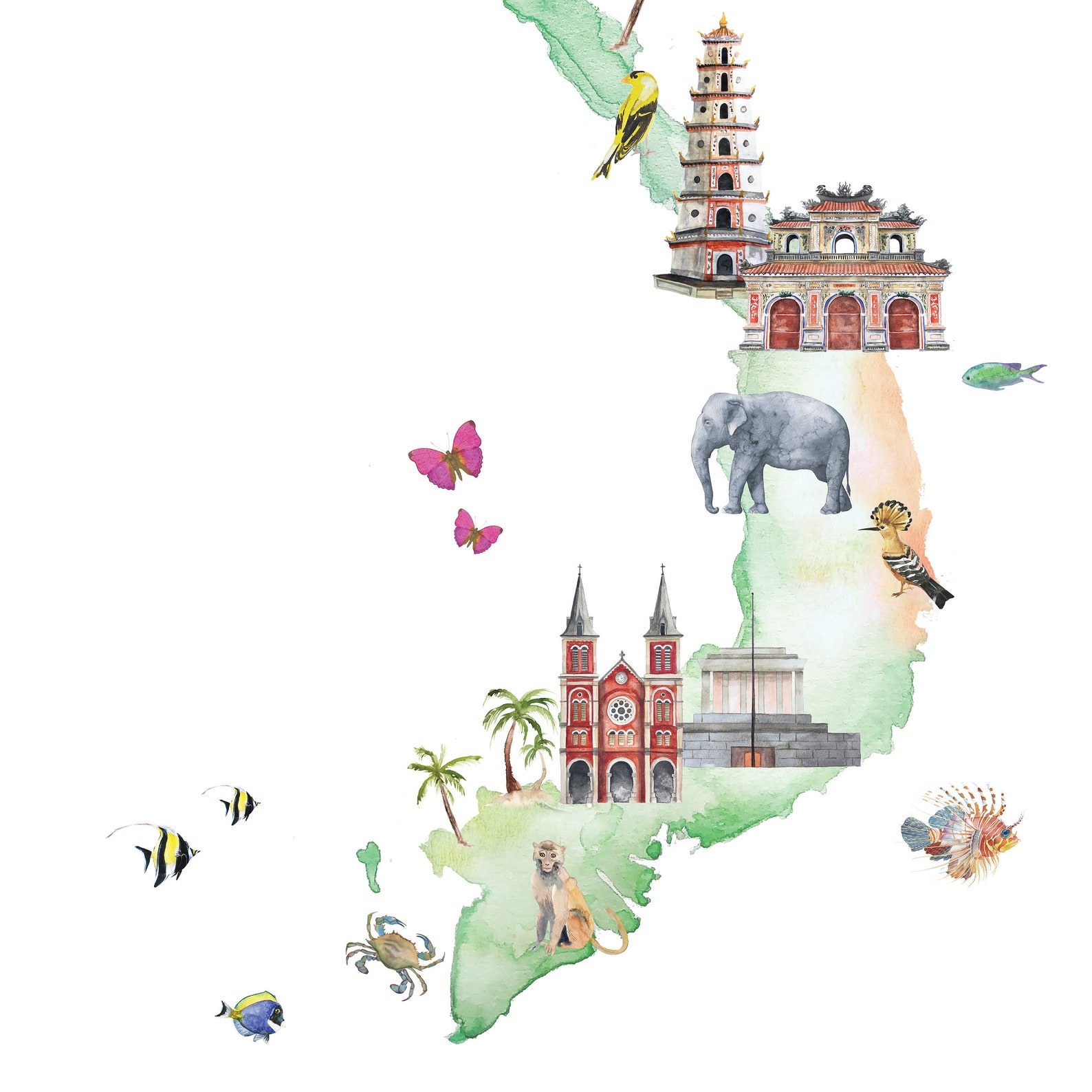 Vietnam Map Art Print Illustrated Watercolor Decor Country | Etsy