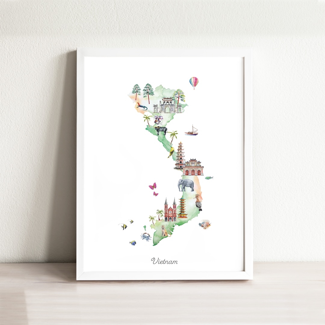 Vietnam Map Art Print Illustrated | Watercolor Decor, Country Map ...