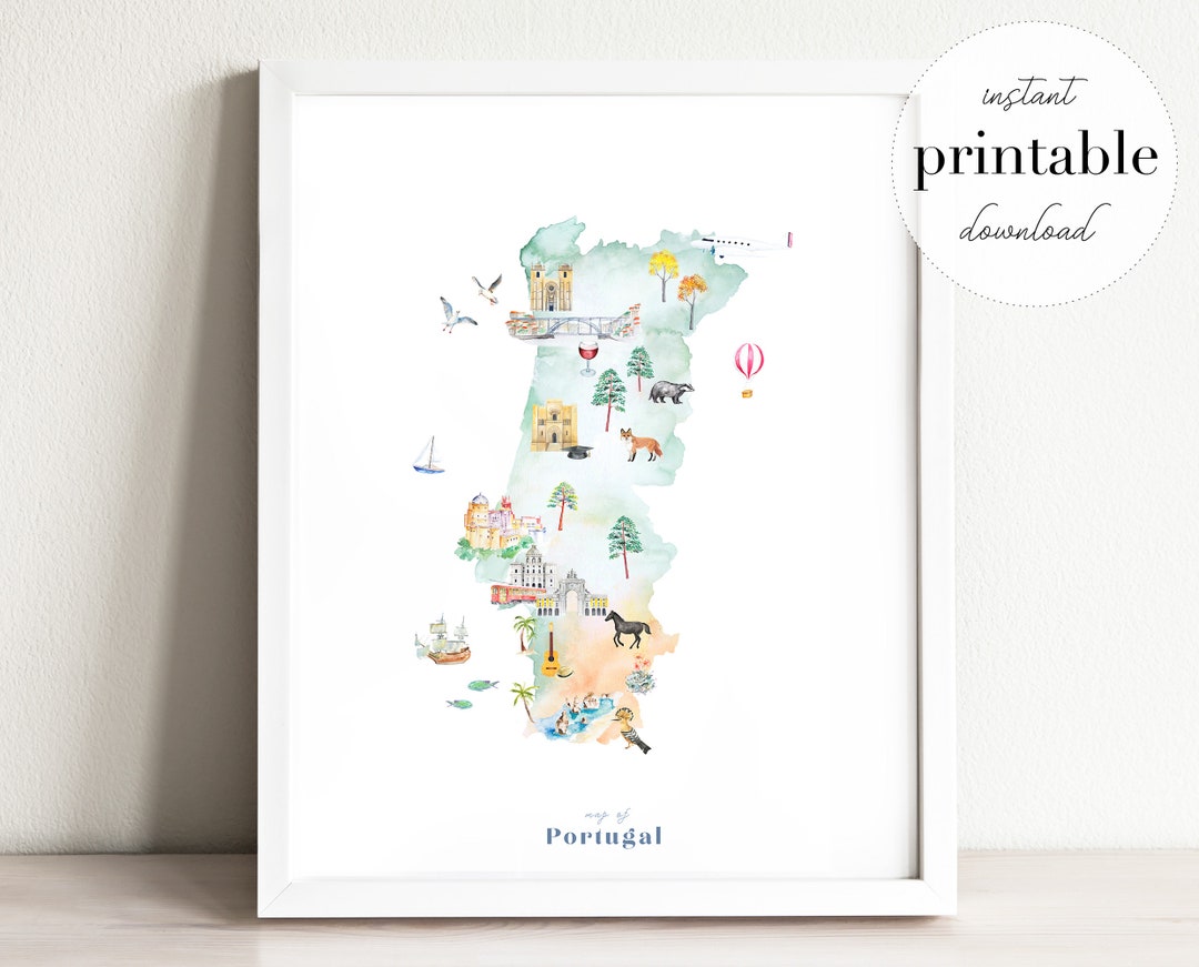 Portugal Illustrated Map Printable Wall Art Print Nursery - Etsy