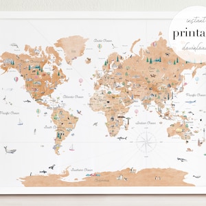 Tan Educational World Map Printable Nursery Decor World Map - Etsy