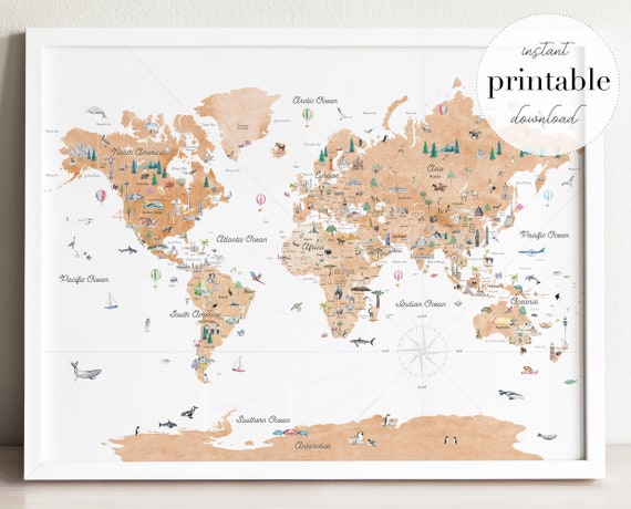 Tan Educational World Map Printable Nursery Decor World Map | Etsy